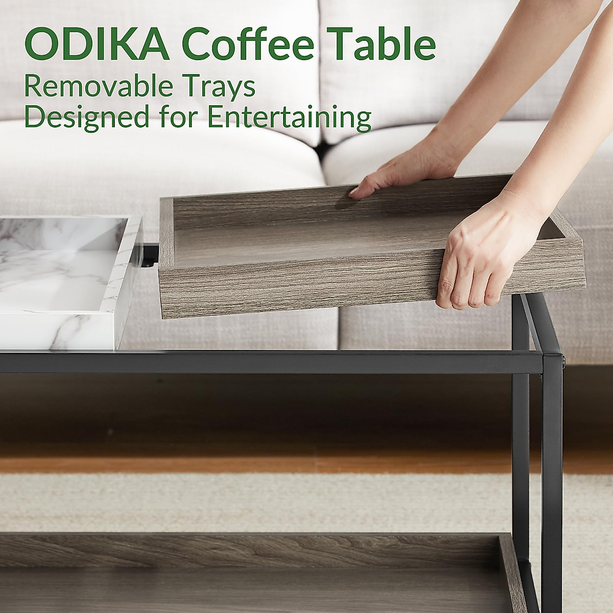 ODIKA Convertible Entertaining Coffee Table - Faux Marble Coffee Table with 2 Removable Trays, 47 Living Room Table, Modern Coffee Table for Living Room, Coffee Table with Storage Furniture, Walnut