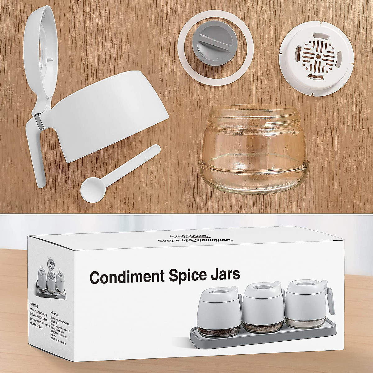 Roweida Glass Spice Jars and Sugar Bowls - Airtight Seasoning Containers with Spoon Lids, Set of 3 for Kitchen Counter