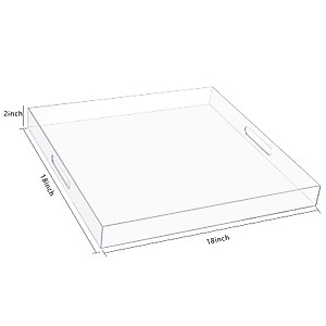 MIKINEE 18×18 Inches Clear Acrylic Serving Tray with Handles Extra Large Ottoman Tray Decorative Tray Spill-Proof Coffee Table Space Saver Oversize Counter top Organizer Platter with Safe Edge