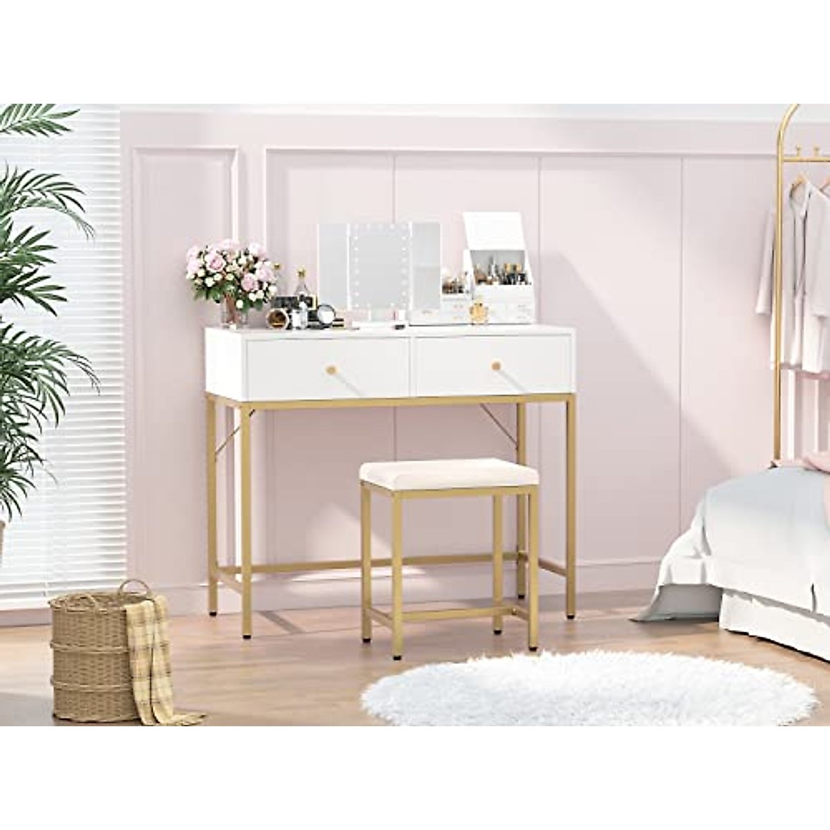 SUPERJARE Vanity Desk, Makeup Vanity with Stool & Tri-fold Lighted Mirror and Modern Ladder Shelf, 5-Tier Open Wall-Mounted Bookshelf with Stable Metal Frame