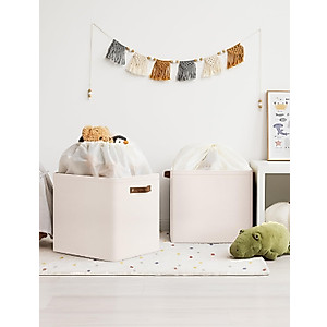 StorageWorks Fabric Storage Bin with Drawstring Closure, Foldable Storage Baskets for Organizing, Closet Storage Bins with PU Handles, Beige, Large, 3-Pack