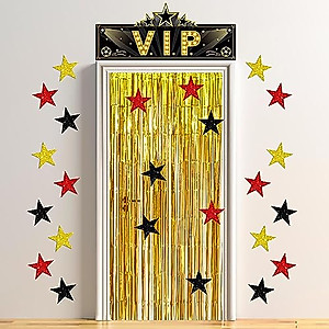 Tigeen 32 Pcs VIP Party Decorations Set 1 Shiny VIP Entrance Decoration 30 Gold Red Black Glitter Star 1 Gold Decorative Door Curtain for Movie Night Party VIP Party Music Award Night Birthday