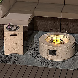 SUNBURY Outdoor 28 Inch Propane Fire Pit Table, Round Fire Table w Tank Table, 40,000 BTU Spotted White Patio Gas Fire Table w Tempered Glass Wind Guard, Waterproof Cover