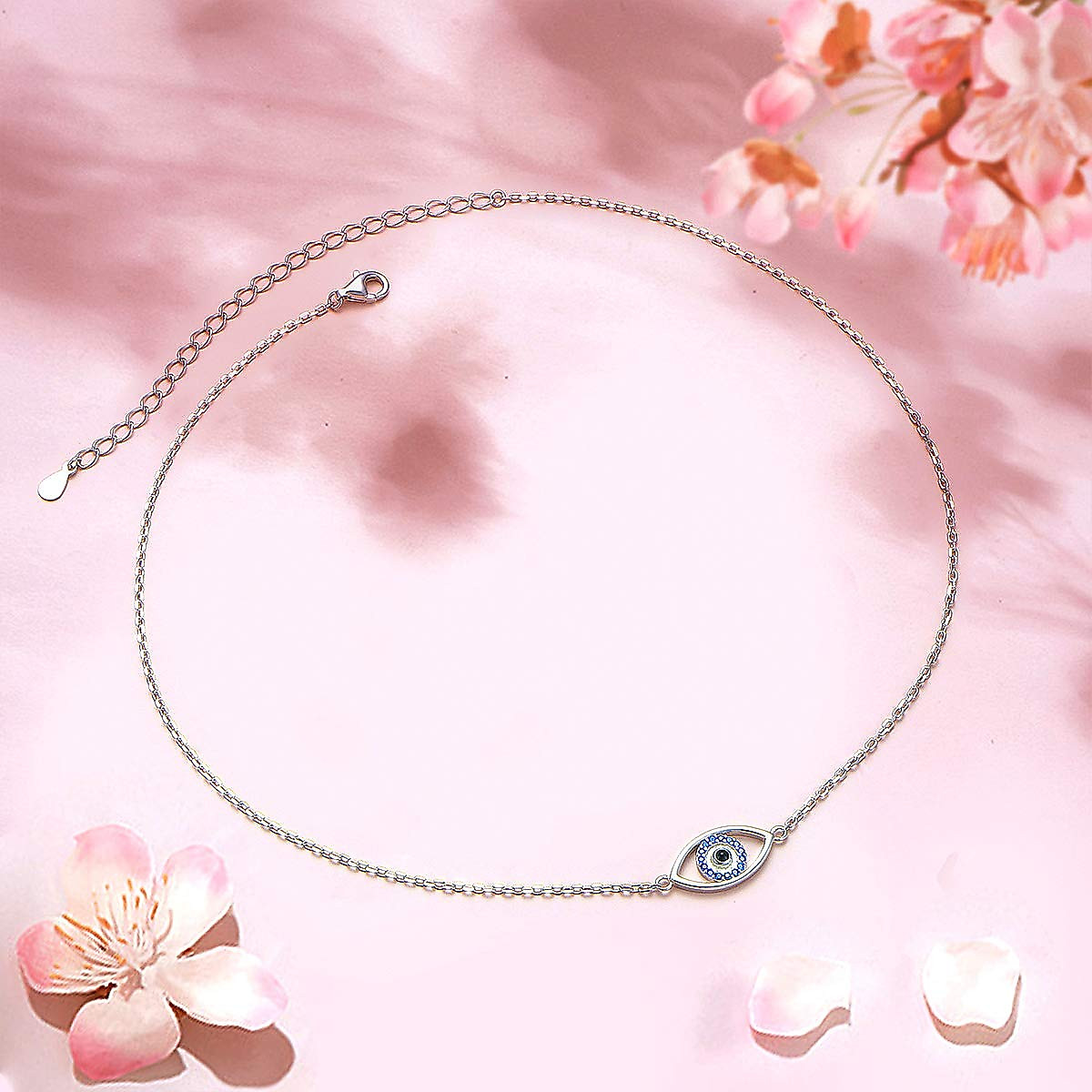 Alphm S925 Sterling Silver Evil Eye Choker Short Dainty Adjustable Pendant Necklac for Women Jewelry