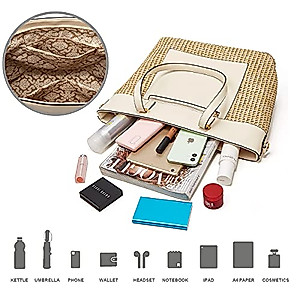 LMKIDS Women's Soft Artificial Leather Straw Woven Handbag, Shoulder Bag, Large Capacity Tassel Handbag. (Beige)