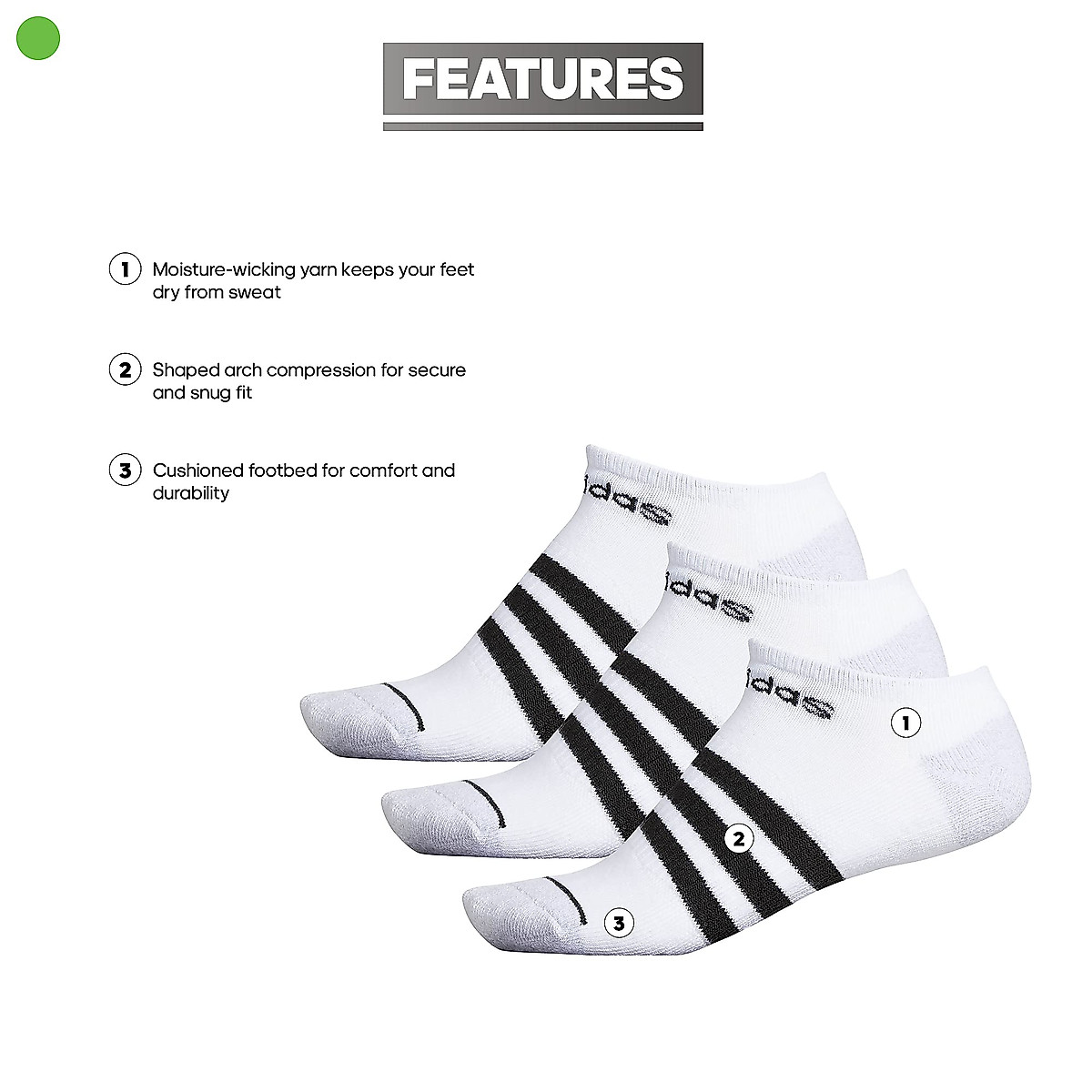 adidas Men's 3-Stripe No Show Socks (3-Pair), White/Black/Clear Onix Grey, Large