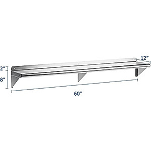 NSF Stainless Steel Wall Shelf, 315 lbs Load Heavy Duty Commercial Wall Mount Shelving, 12'' x 60'', Metal Kitchen Rack for Restaurant, Home, Kitchen, Hotel, Laundry Room, Bar