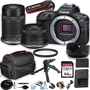 Canon EOS R100 Mirrorless Camera with 18-45mm Lens + 55-210mm Lens + 64GB Memory Card, Case, Hood, Grip-Pod, Filter Professional Photo Bundle (Renewed)