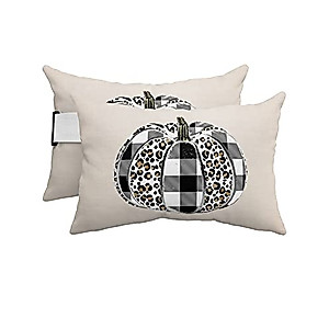 Recliner Head Pillow Ledge Loungers Chair Pillows with Insert Farmhouse Black Plaid Leopard Pumpkin Lumbar Pillow with Adjustable Strap Outside Patio Decorative Garden Cushion for Bench Couch, 2 PCS