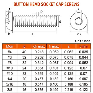 3/8-16 x 1/2" Button Head Socket Cap Screws, 304 Stainless Steel 18-8, Bright Finish, Fully Threaded, Coarse Thread UNC, 15 PCS