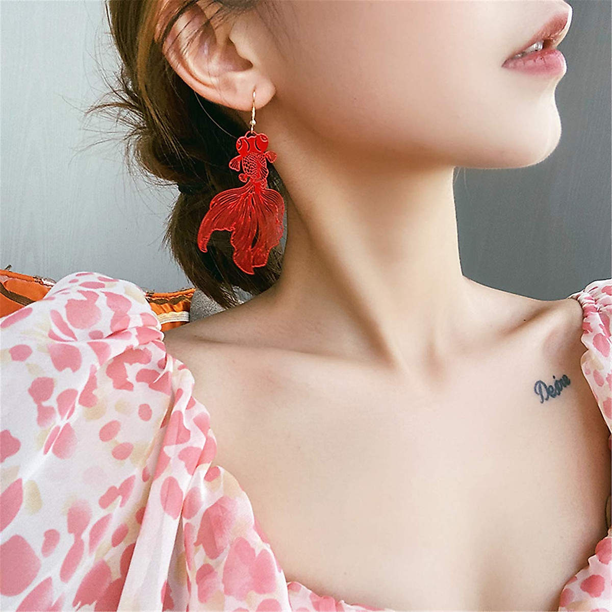 DAMLENG Unique Chic Lightweight Hollow Fish Dangle Drop Hook Earrings Charm Pink Red Asymmetry Goldfish Dangle Earrings For Women Statement Jewelry Gifts (Red)