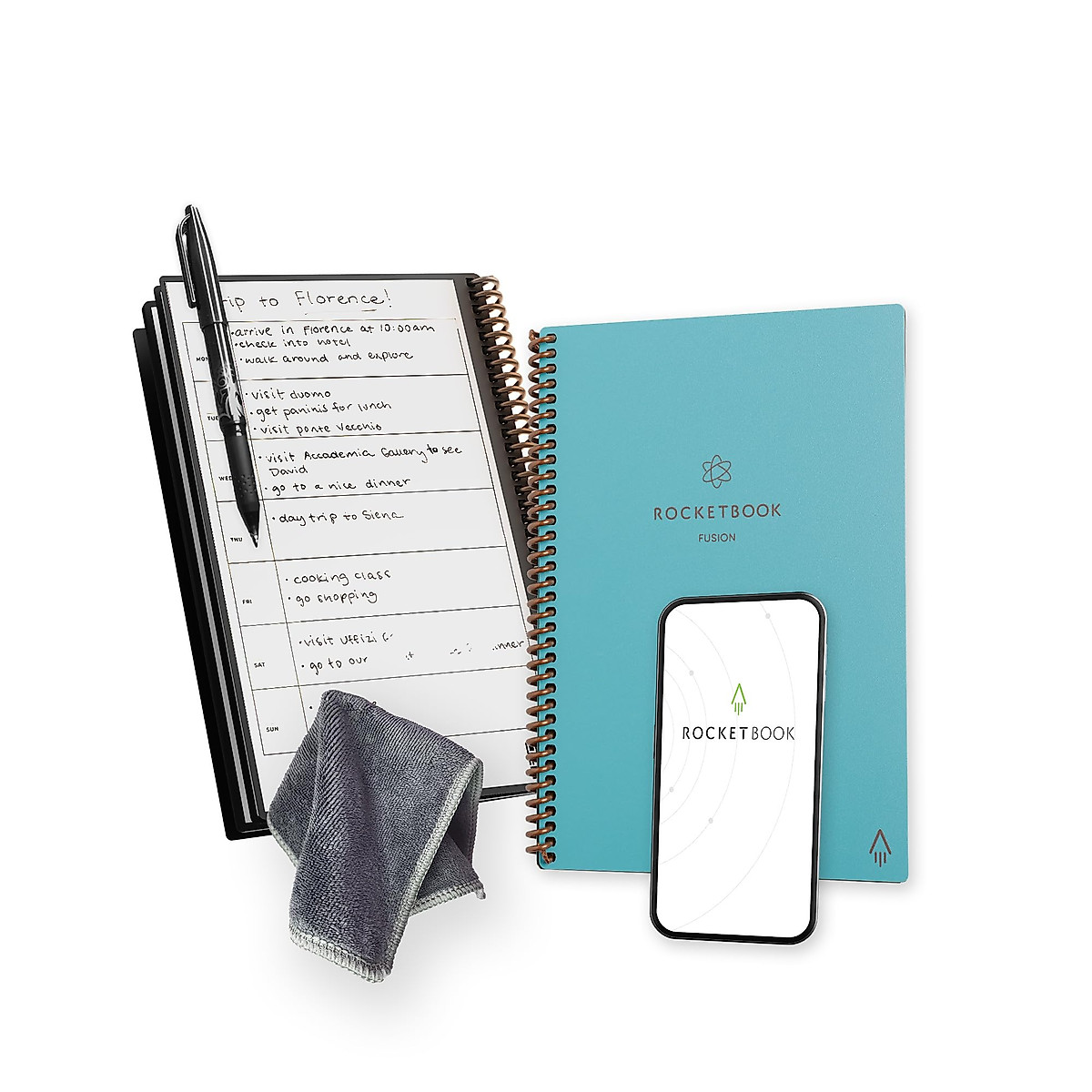 Rocketbook Fusion Smart Reusable Notebook - Calendar, To-Do Lists, and Note Template Pages with 1 Pilot Frixion Pen and 1 Microfiber Cloth Included - Neptune Teal Cover, Executive Size (6" x 8.9")