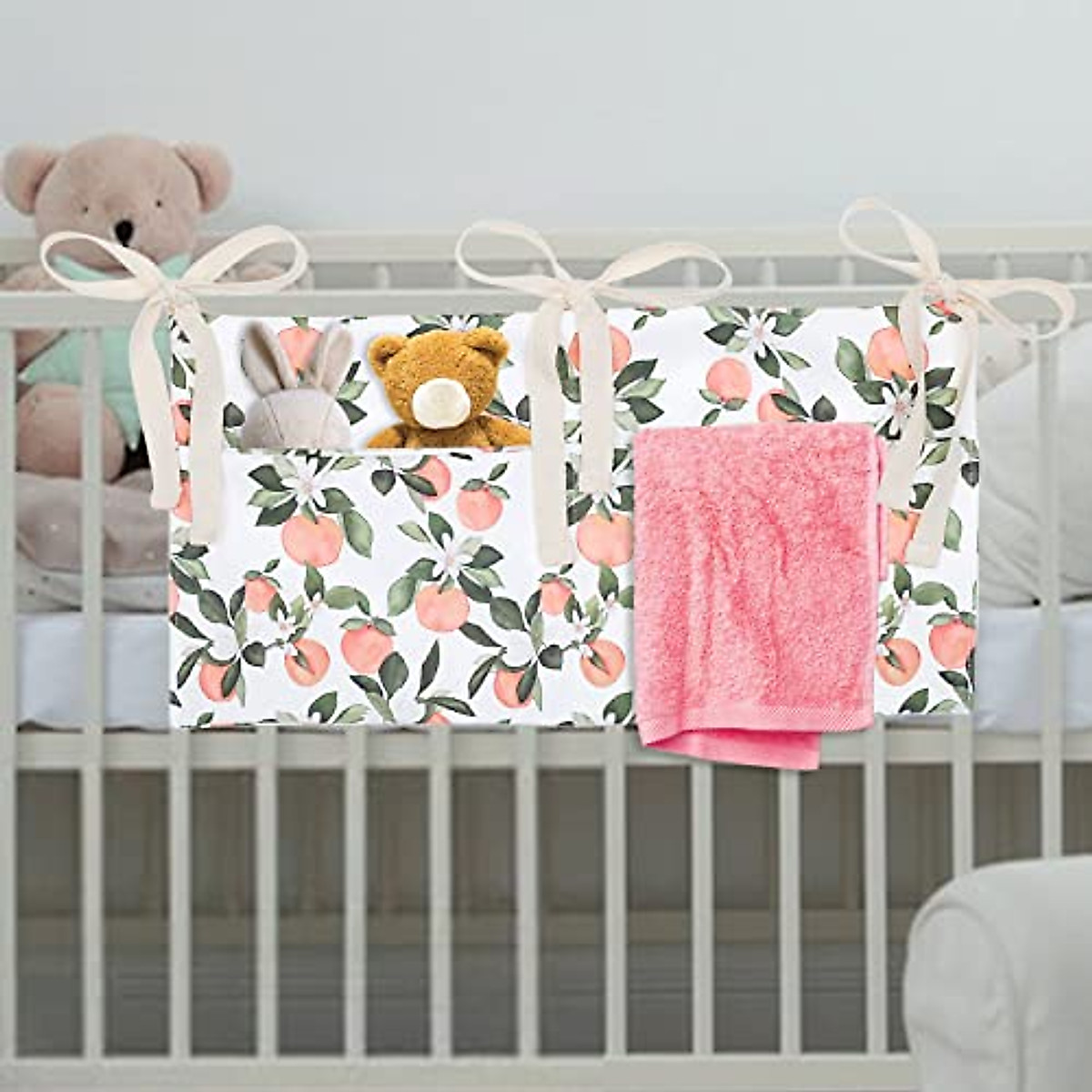 Baby Crib Organizer Cot Caddy Bed Storage Bag 2 Pockets Bedside Hanging Diaper Nursery Organizer for Diapers Toys Clothing (Orange)