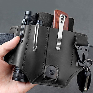 Pocket Organizer Pouch EDC Leather Sheath for Belt for 5 inch Knives Tactical Flashlights Key Fob Tools (Black)