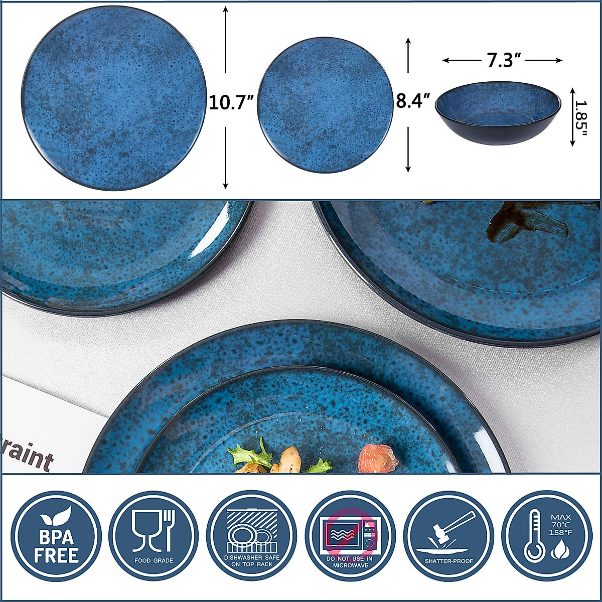 Gofunfun Melamine Dinnerware Sets for 4, Dinner Plates Bowls Set, Unbreakable Melamine Classic Blue Dinnerware, Dishwasher Safe Tableware Sets for Everyday Use, 12 Pcs