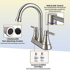 4 inch 2-Handle Centerset Faucets Bathroom Sink Faucet with Pop Up Drain,360 Swivel Spout,Stainless Steel Lead-Free Sink Faucet with 2 Water Supply Lines for Bathroom Sink 2-3 Holes (Brushed Nickel)