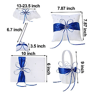 Amajoy 5pcs Sets Wedding Guest Book + Pen Set + Flower Basket + Ring Pillow + Garter, White Cover, Double Heart Rhinestone Decor Royal Blue Ribbon Bowknot Elegant Wedding Ceremony