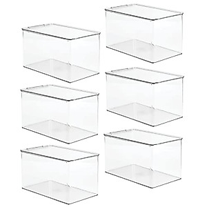 mDesign Stackable Plastic Closet Storage Container Bin Box with Hinge Lid for Organizing Shoes, Booties, Pumps, Sandals, Wedges, Flats, Heels - Lumiere Collection - 6 Pack - Clear