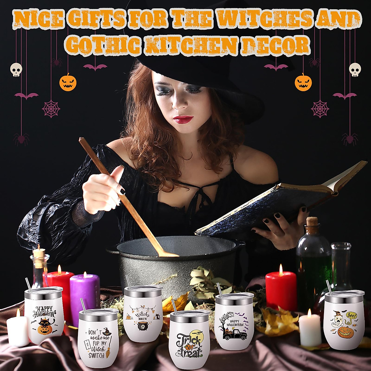 6 Pieces Bulk Halloween Gifts for Adults Men Women Pumpkin Witch's Brew Witch Room Trick or Treat Tumblers 12 oz Travel Coffee Mugs Double Wall Wine Cups for Indoor Outdoor Home Kitchen Decorations
