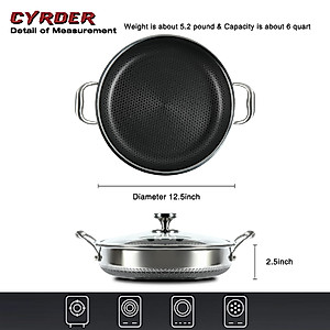 Cyrder 316L Stainless Steel Frying Pan-12inch Hybrid Nonstick Wok with Lid, Two Handle Hold, PFOA Free, Dishwasher Oven Safe, Paella Pan for Stir fry/Toast/Roast/Bake/Stew, 6 Quart