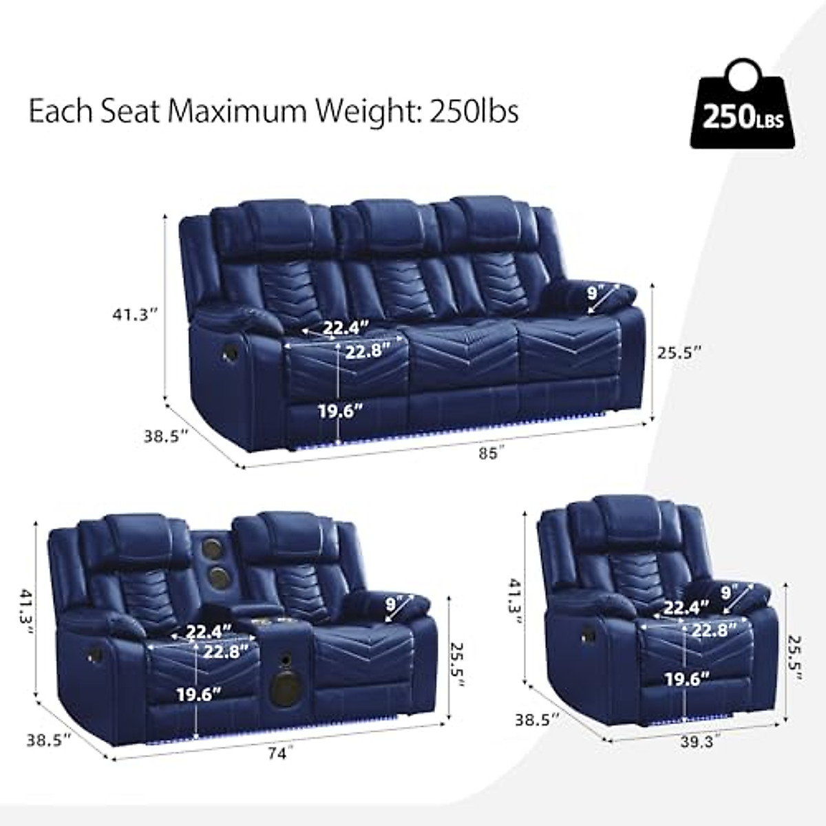 Manual Recliner Sofa Set 3 Piece with Wireless Charger for Living Room,Leather 3 Seater Reclining Couch with Bass Speaker and Loveseat Theater Seating,Home Electric Recliner Chair with LED Light,Blue