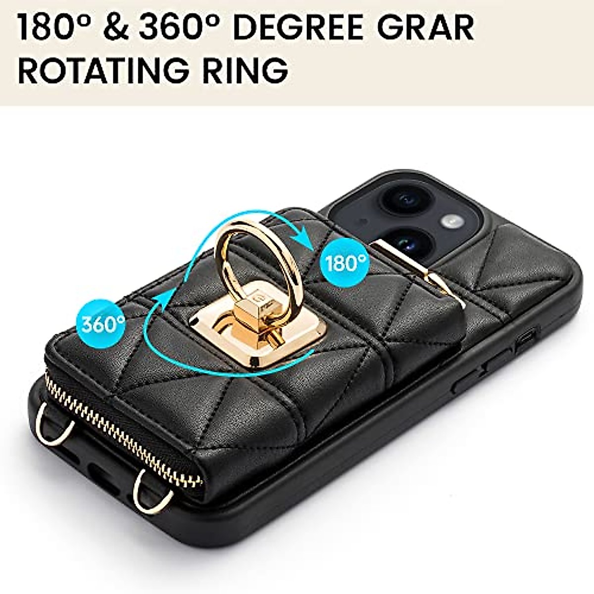 CUSTYPE Compatible with Phone 14 Plus Case Wallet with Card Holder,360 Rotation Ring [Two-Way Stand],Leather Zipper Wallet Case with Crossbody Strap for iPhone 14 Plus,6.7 Inch,Black