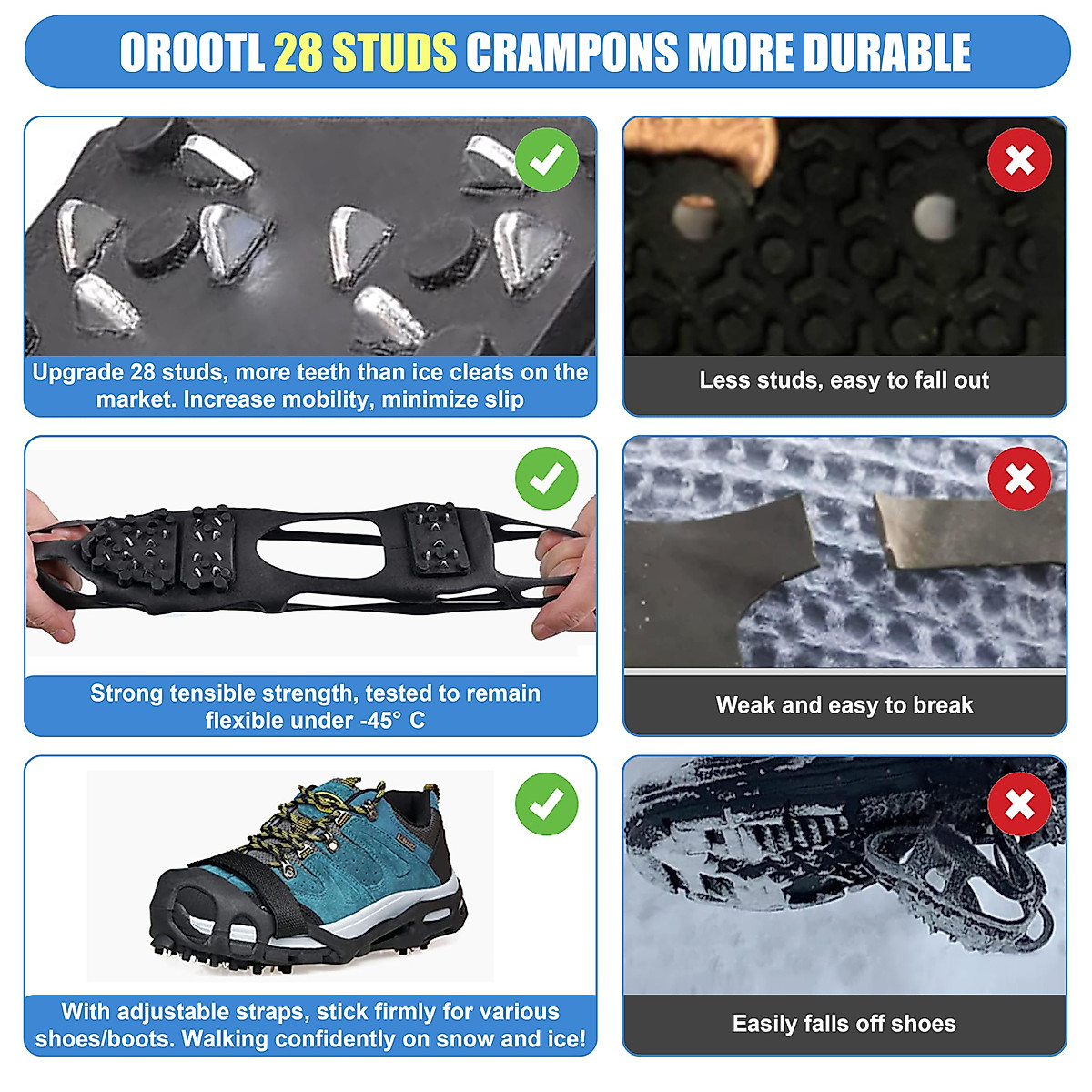 Ice Cleats for Shoes Boots Snow Traction Cleat Crampons for Walking on Snow and Ice 28 Studs Ice Snow Walk Traction Cleats Non-Slip Shoe Grippers Stretch Footwear for Hiking Walking Jogging Climbing