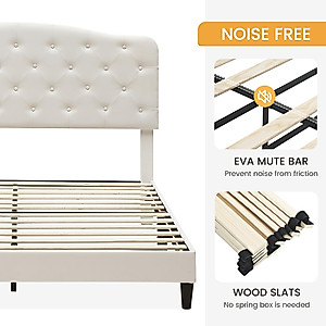 IDEALHOUSE Queen Bed Frame with Headboard Adjustable, Leather Platform Bed Upholstered Queen Size, Button Tufted Mattress Foundation, Wooden Slat Support, No Box Spring Needed, White