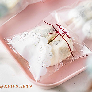 Efivs Arts 200pcs 5.5x5.5in Lovely Lace Bowknot Clear Biscuit Roasting Treat Present DIY Plastic Candy Individual Wrappers Self Adhesive OPP Cookie Bakery Decorating Favor Bags