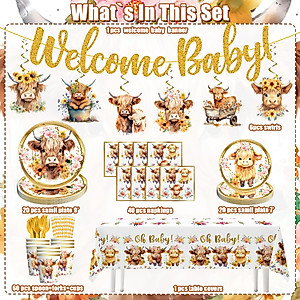 Yingoto 148pcs Brown Cow Baby Shower Decorations Tableware Set for 20 Guests, Cowboy Cowgirl Baby Shower includes Brown Cow glitter Banner Hanging Swirls Plates Napkins Cup Fork Straw and Tablecloth