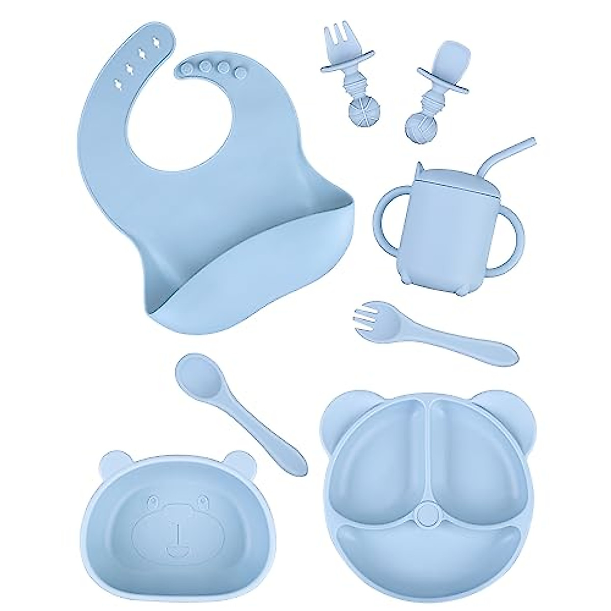 OFUN 8 Pack Silicone Toddler Feeding Set, Baby Led Weaning Supplies with Adjustable Bib, Divided Suction Plate, Bowl and a Sippy Cup, with 2 Spoon, 2 Folk, Eating Utensil for 6+ Months, Blue