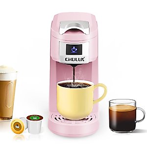 CHULUX Upgrade Single Serve Coffee Maker for K Cup & Ground Coffee, Pink Mini Single Cup Coffee Machine with One Touch Function, Fast Brewing in Minutes