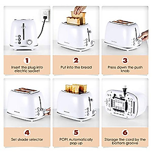 REDMOND 2 Slice Toaster Retro Stainless Steel Toaster with Bagel, Cancel, Defrost Function and 6 Bread Shade Settings Bread Toaster, Extra Wide Slot and Removable Crumb Tray, White, ST028