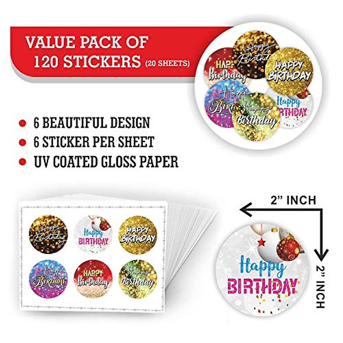 PARTH IMPEX Happy Birthday Stickers Seals Labels (Pack of 120) 2" Large Round for Gift Envelopes Cards Boxes