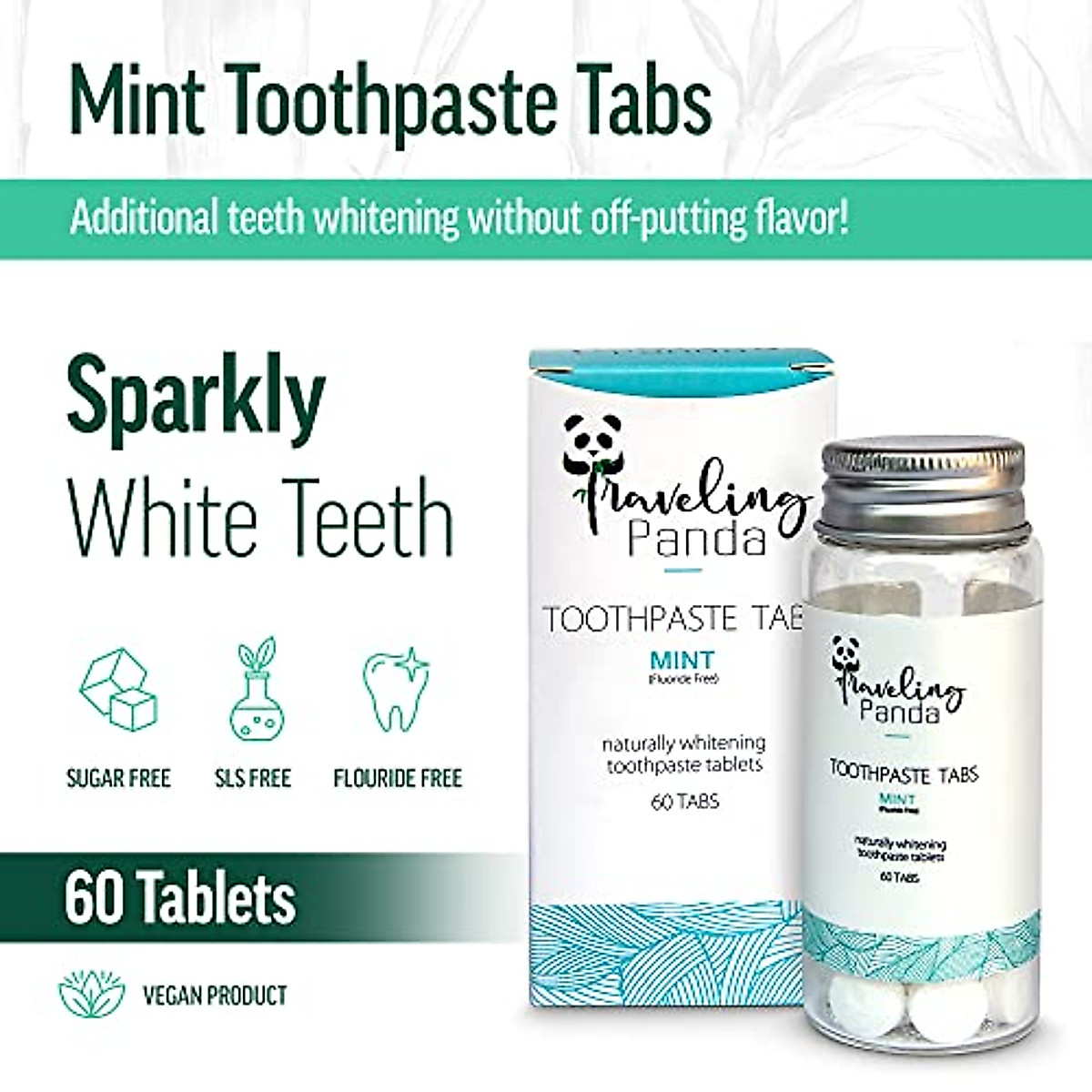 Traveling Panda, Travel Toothpaste Tablets, Chewable Charcoal Whitening Tabs, No Water Required Perfect Traveling Essentials for On The Go Teeth Brushing, Vegan and No Sugar, Mint 60 Tablets