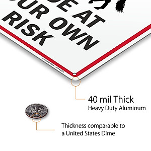 SmartSign 14 x 10 inch “Warning - Ride At Your Own Risk” Metal Sign with Graphic, 40 mil Laminated Rustproof Aluminum, Red, Black and White, Made in USA