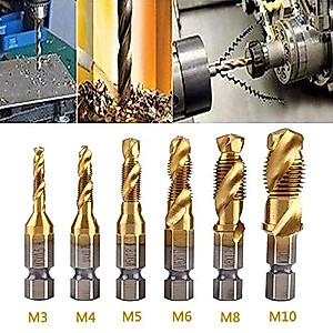 6pcs Drill and Tap, M-etric Thread Tap M3-M10 T-itanium Coated HSS Drill and Tap Bits 1/4" Hex Shank Screw Taps Tool Set