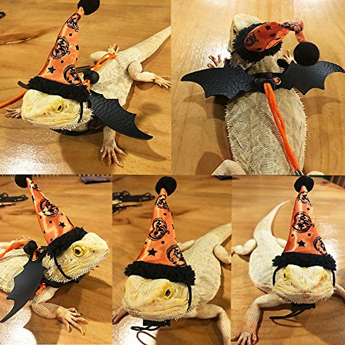 ADOGGYGO Halloween Bearded Dragon Lizard Leash Harness Hat Set - Bearded Dragon Clothe Halloween Pumpkin Hat + 3 Pack Reptile Harness Leash for Bearded Dragon Lizard Reptile