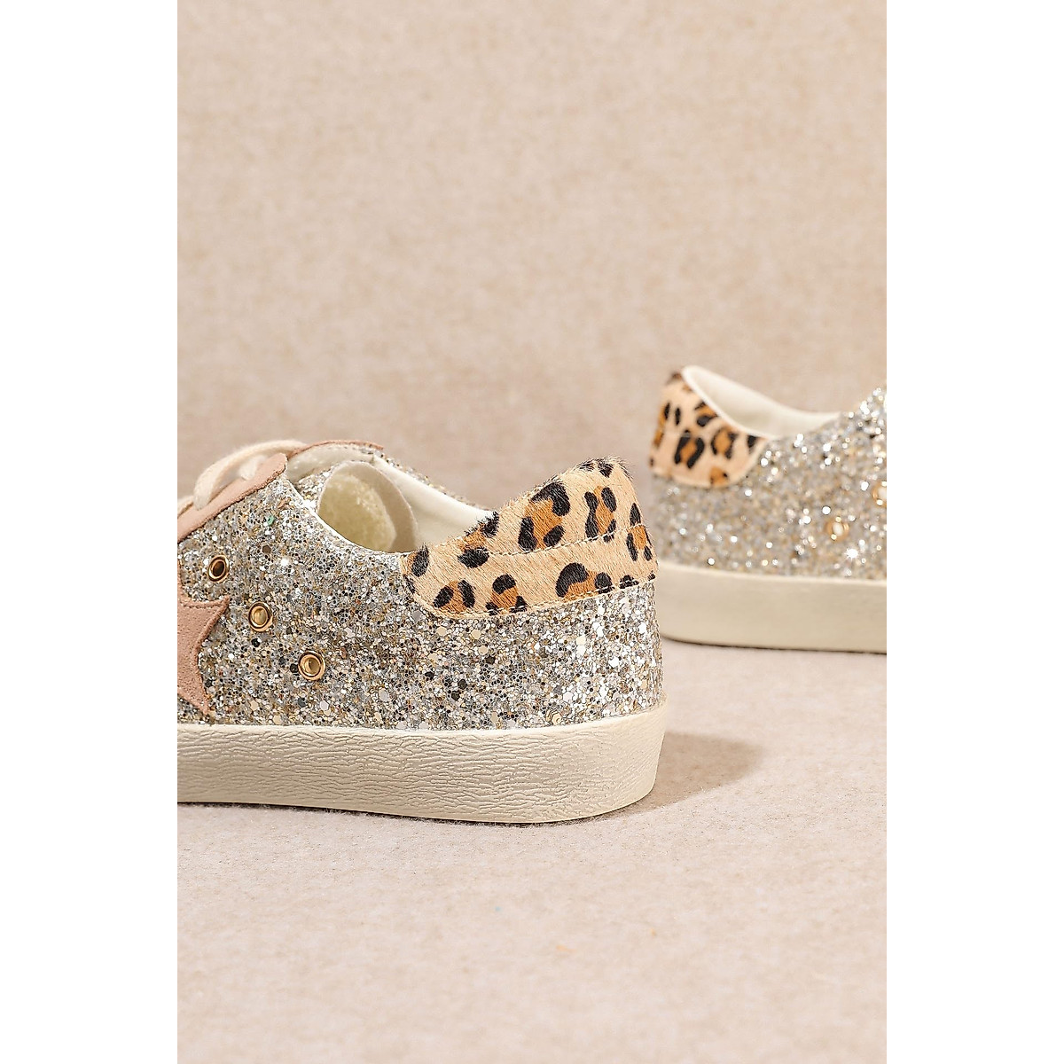 Mi.iM Skylar Rubber Sole Lace-up Glitter Suede Leather Star Sneakers (8, Light Gold)