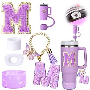 Mity rain 6PCS Cup Accessories Set for Stanley Cup 30oz 40oz tumbler with handle, Including Silicone Straw Topper Cover Cap and Boot, Spill Proof Stopper, Handle Charm, Initials Sticker (Letter M)