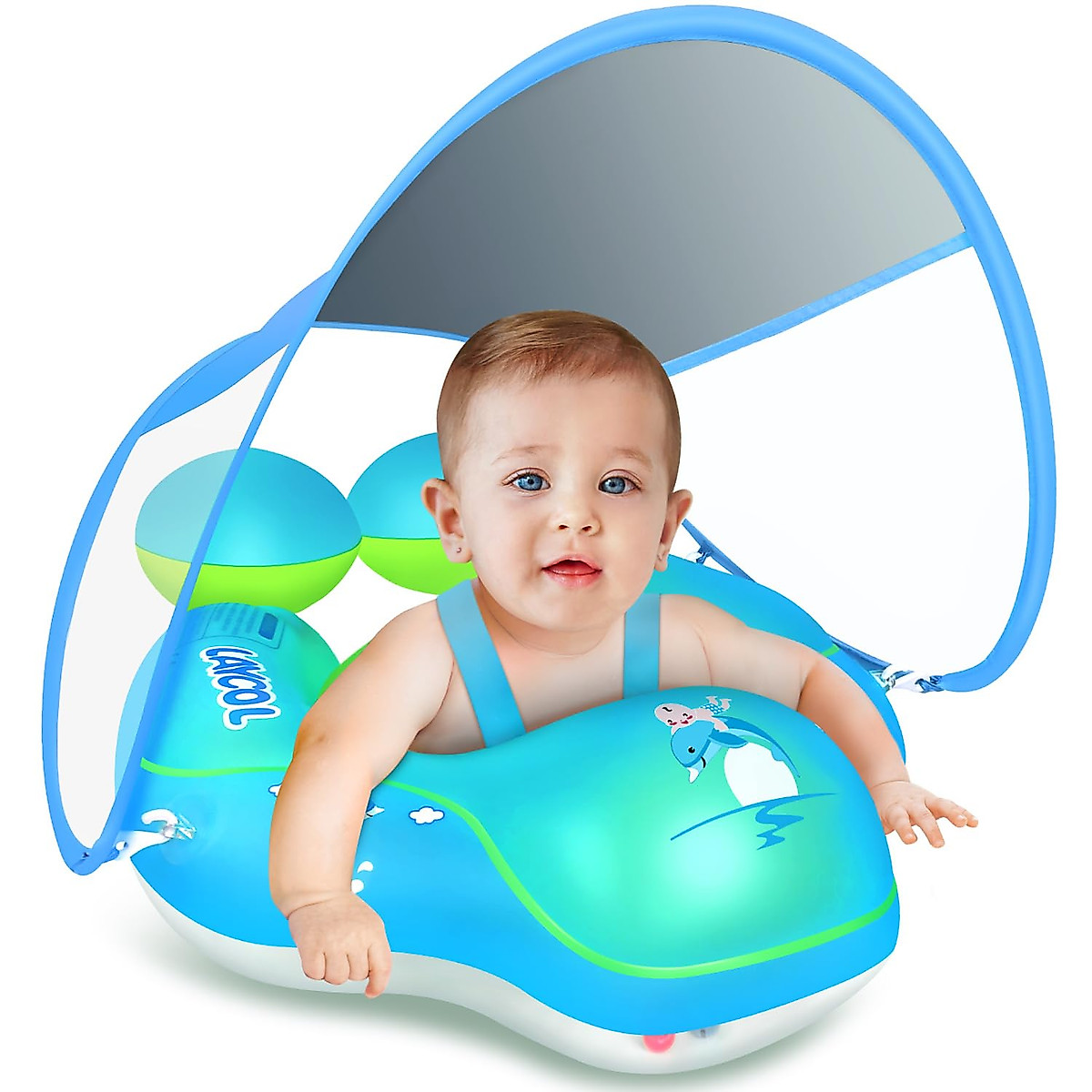 LAYCOL Baby Swimming Pool Float with Removable UPF 50+ UV Sun Protection Canopy,Toddler Inflatable Pool Float for Age of 3-36 Months,Swimming Trainer (Blue, L)
