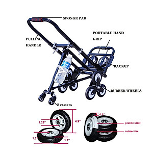 INTBUYING Stair Climber Hand Trucks Portable Folding,Rubber Mute Wheel,Adjustable Handle Length.420 LBS Capacity Handcart Luggage Cart with 6 Wheels and 2 Backup Wheels (Black)-with 2 Casters
