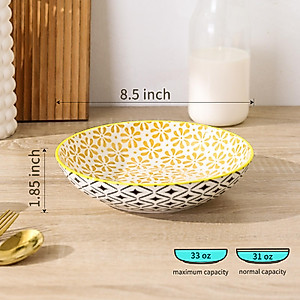 KOLLOV Pasta Bowls, 33oz Large Salad Bowl, Stoneware Serving Bowl Plates Set of 4 for kitchen, 8.5" Wide Bowl Dishes for Pasta, Soup, Fruit, Microwave Safe