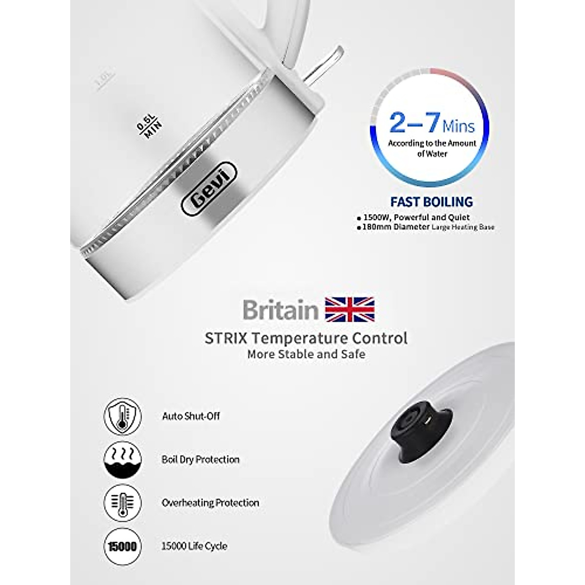 Electric Kettle, Gevi 1.7L Glass Tea Kettle - Water Boiler with LED Light Glass Kettle Electric (BPA Free) with Auto Shut-off & Boil-dry Protection - 1500W Cordless Electric Kettle, White