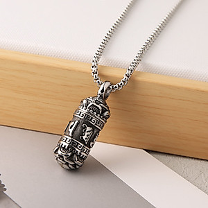 STWTR Tibetan Buddhist Meditation Stainless Steel Pendant Memorial Cremation Ash Pill Container Necklace Men's Ladies Comes with 23.6" Chain