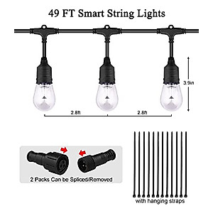 genlar Smart Christmas String Lights, APP Control Patio Lights LED RGBCW Color Changing Lights Dimmable Waterproof Shatterproof Commercial Hanging Lights for Outdoor Cafe Garden (48ft/15bulbs)