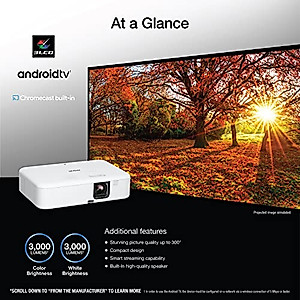 2022 New Upgrade Epson EpiqVision Flex CO-FH02 Full HD 1080p Smart Streaming Portable Projector, 3-Chip 3LCD, 3,000 Lumen Color/White Brightness, Android TV, Bluetooth, 5W Speaker, Home Entertainment