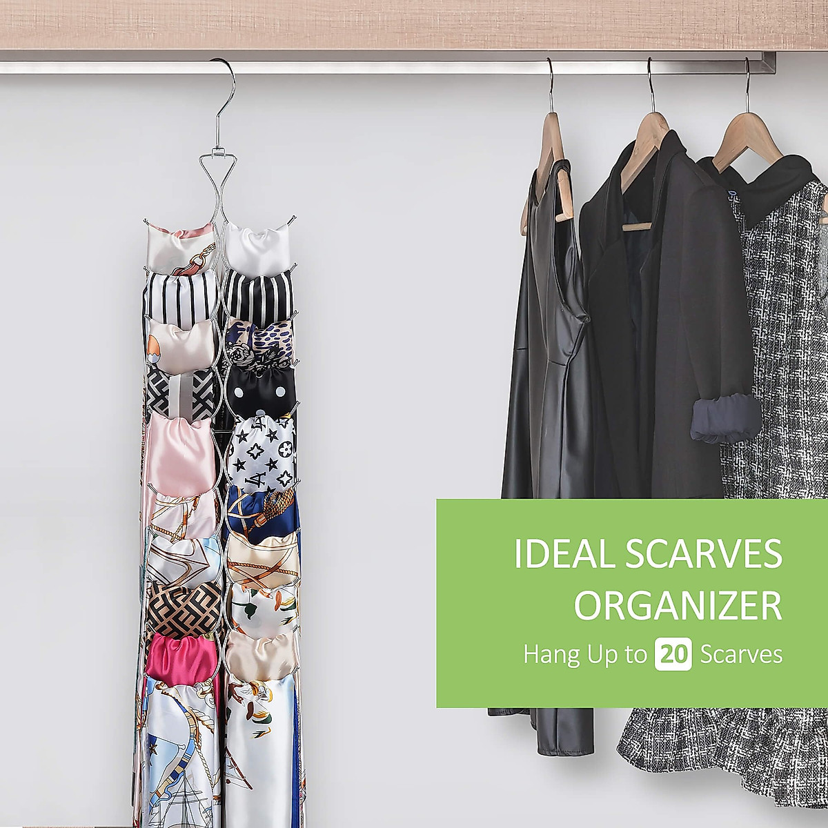 OMHOMETY Scarf Hanger for Closet, 20 Large Capacity Scarf Organizer, Space Saving Scarf Holder Hijab Rack Closet Organizers and Storage, Silver 1 Pack