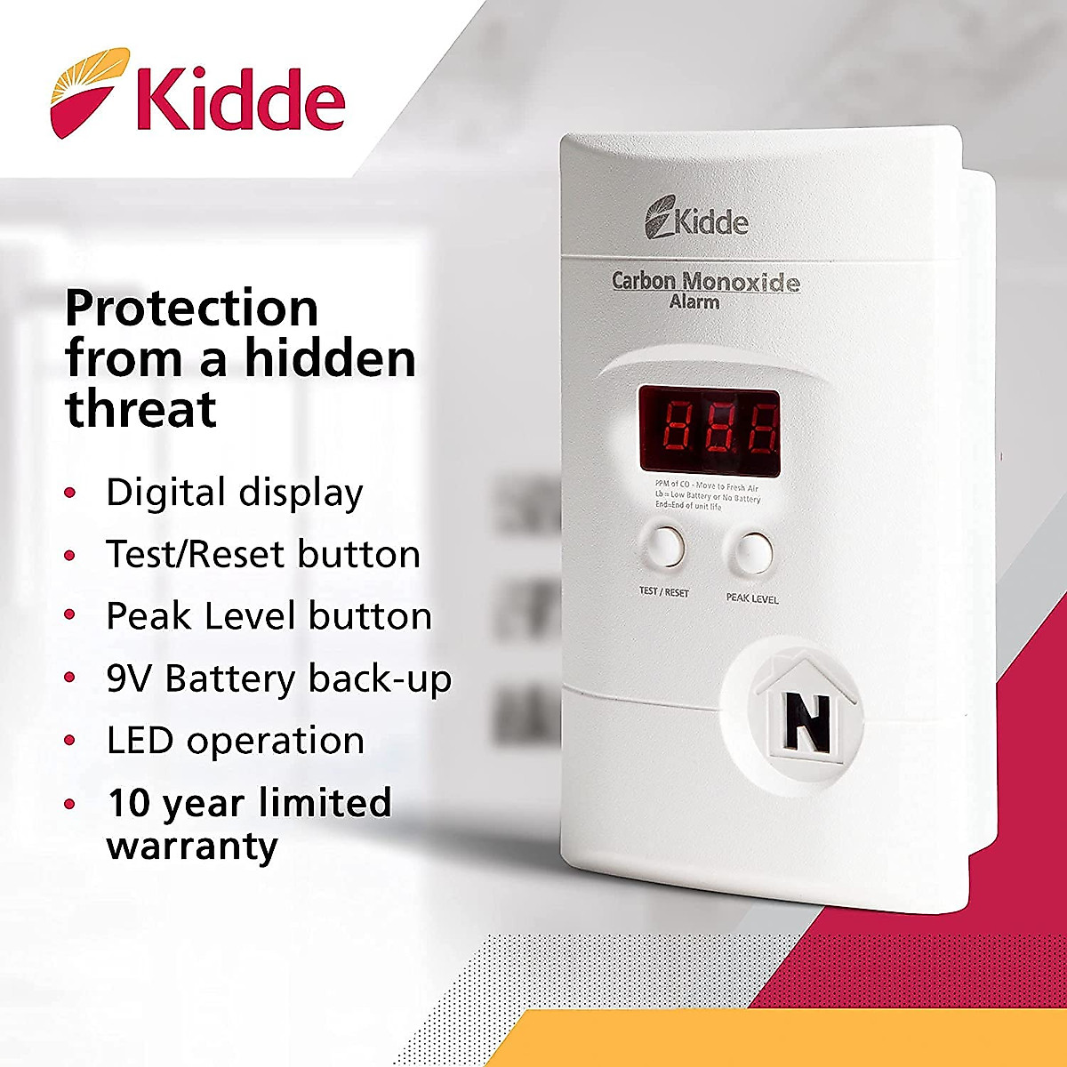 Kidde Carbon Monoxide Detector, Plug In Wall with 9-Volt Battery Backup, Digital LED Display, 2 Pack