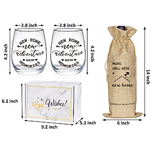 House Warming Gifts New Home, Housewarming Gift Stemless Wine Glass & Bottle Gift Bag Set for Newlywed Couple, Women, Friends, New Homeowner, Unique New Home Gifts for Home, Realtor Gift for Clients